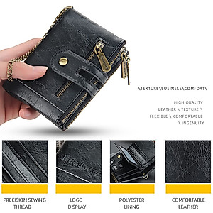 Mens Wallet with Chain PU Faux Leather Bifold Wallet for Men Double Zipper Coin Pocket Purse Double Anti-Theft, Black