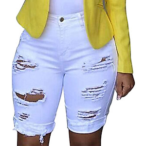 GDJGTA Women Ripped Holes Jeans Denim Pencil Shorts Pants Female High Waist Distressed Short Jeans Ladies Stretch Slim Jeans