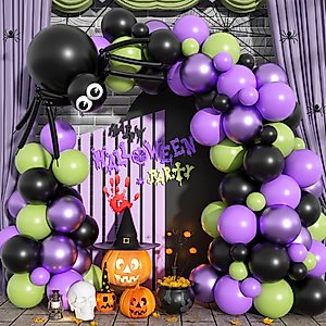 GRESAHOM Halloween Balloon Arch Garland Kit with DIY Big Spider Balloons, Purple Metallic Lime Green Black Balloons Garland with Eye Balloons for Kids Halloween Birthday Hocus Pocus Party Decorations