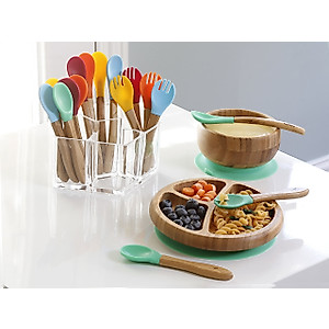 Avanchy Bamboo Baby Bowl + Baby Plate + 2 First Stage Spoons. Removable Suction Bottoms.