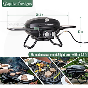 Captiva Designs Portable Propane Grill, 15,000 BTU Output TableTop Liquid Gas Grill with 2 Stainless Steel Burners, 275 sq.in. Cooking Area with Side Tables