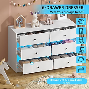 SDMY 6 Drawer Double Dresser, White Bedroom Dresser with LED Light, Baby Dresser for Nursery, Modern Wood Dresser Chest of Drawers for Living Room, Hallway