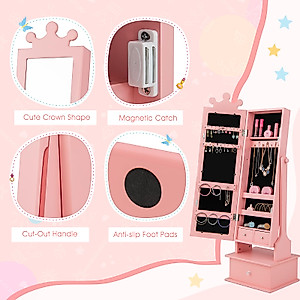 Costzon Kids Jewelry Armoire Cabinet, 45” Standing Jewelry Organizer with Full-Length Mirror, 3 Storage Drawers, Kids Vanity Dress Up Mirror Jewelry Cabinet for Girls (Pink)