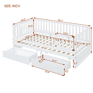 Twin Bed Frame with Rails and Storage Drawers, Can Be Divided into A Twin Size Floor Bed with Fence and A Daybed with 2 Drawers, Wood Montessori Beds for Kids Boys Girls Teens, White