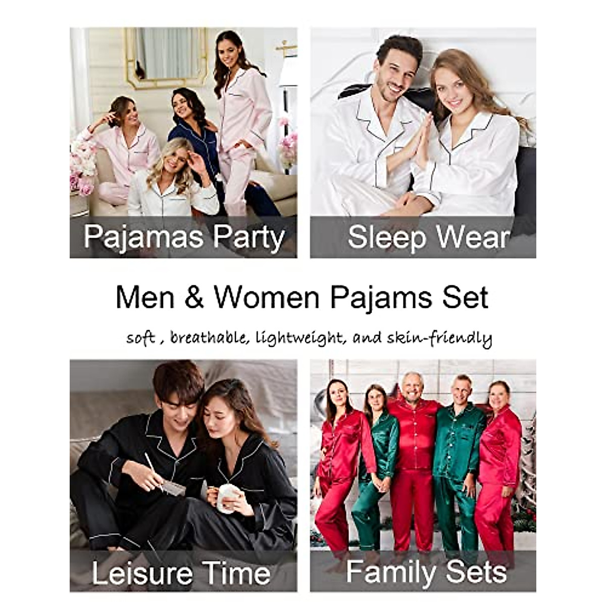 SWOMOG Women Silk Satin Pajamas Set Long Sleeve Ladies Satin PJ Sets Button Down Pajama Sleepwear Loungewear White