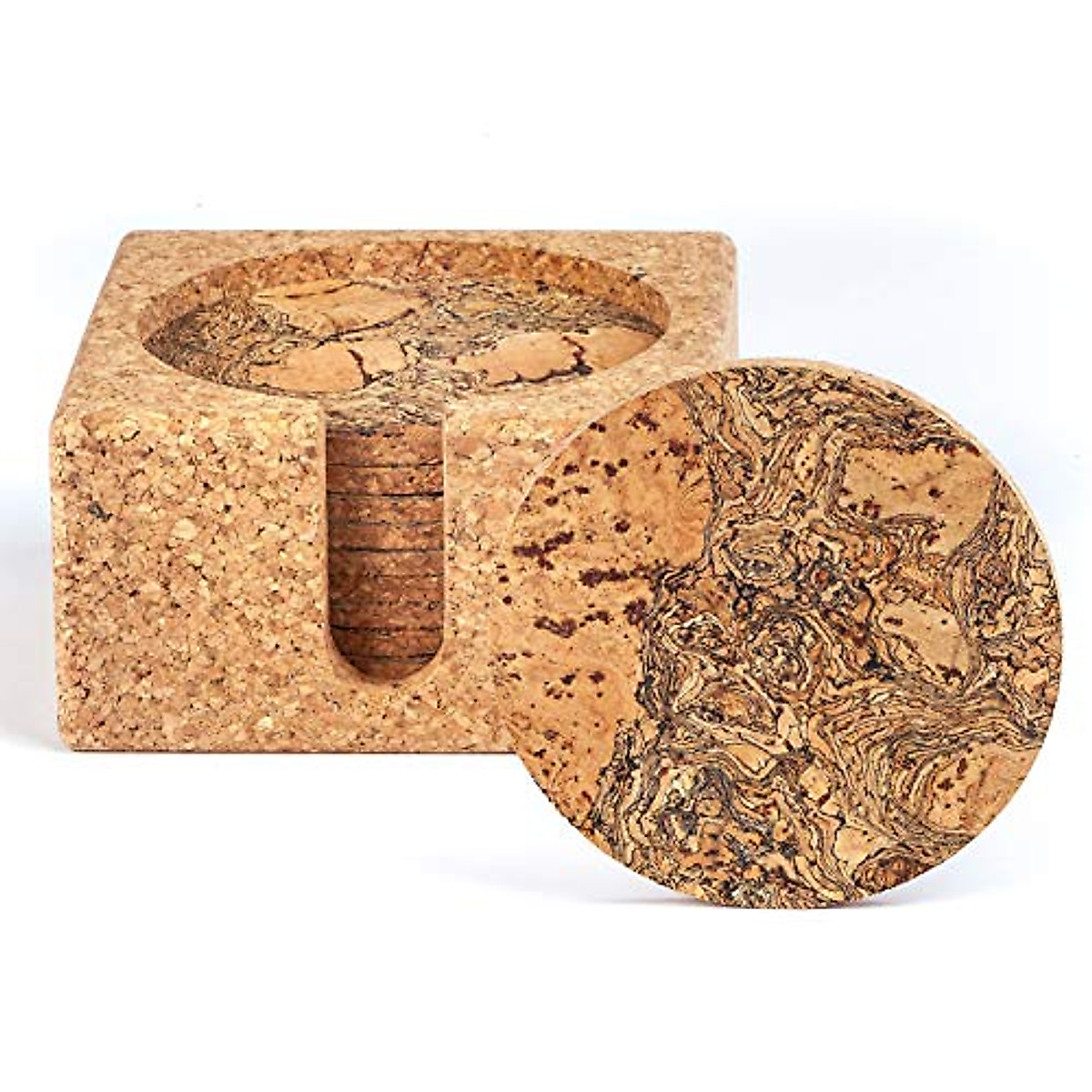 Natural Cork Coasters for Drinks – 10 Absorbent Drink Coasters with Matching Cork Holder That Doubles as a Bottle Coaster to Protect Tables and Countertops