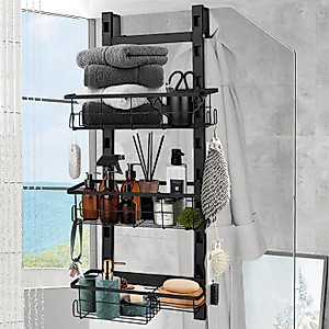 AUROPEAK Over The Door Shower Caddy, Hanging Shower Organizer Rustproof No Drilling, Adjustable Shower Caddy Over the Door Storage Rack with 4-Tier Shelf, Soap Holder, Towel Hooks for Bathroom