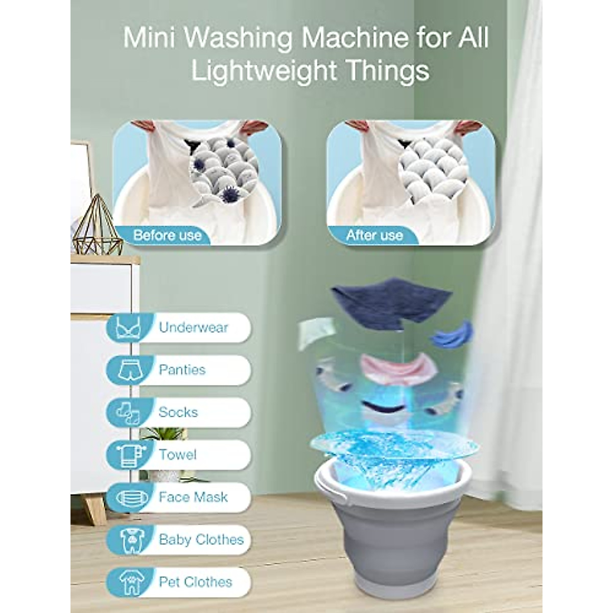 Portable Washing Machine, Mini Washing Machine Ultrasonic Turbine Wash, Mini Portable Washer for Underwear, Sock, Baby Clothes, Travel, Camping, Dorm, RV, Home Foldable Small Portable Laundry Machine