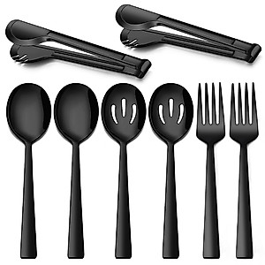 LIANYU Black Serving Utensils Set of 8, Stainless Steel Serving Spoons, Slotted Spoons, Serving Forks, Metal Tongs for Kitchen Buffet Party Banquet Entertaining, Mirror Finished, Dishwasher Safe