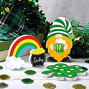3 Pieces St. Patrick’s Day Table Signs Wooden, Shamrock Rainbow Gnome Wood Signs Table Top Decorations, Irish Themed Freestanding Lucky Table Centerpiece Decor for Fireplace Tiered Tray Home Office