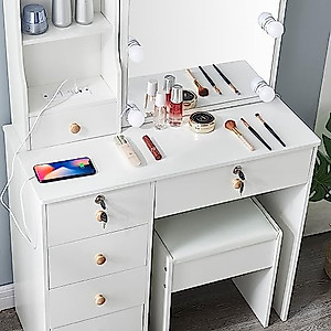 White Makeup Vanity Table,Vanity Desk with Lighted Makeup Mirror and Charging Station, Vanity Dressing Table with Lights & Storage Drawers and Stool for Bedroom,Girls Women