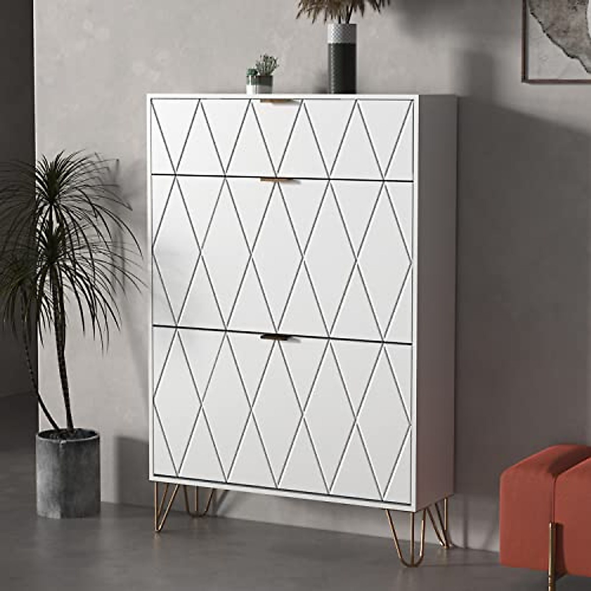 UEV Shoe Cabinet,Freestanding Shoe Rack Storage Organizer with Drawers & Metal Legs,Modern Shoe Storage Cabinet with 3 Flip Drawers for Entryway (White)