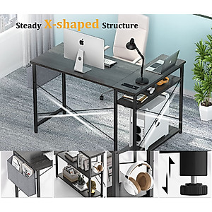 Mr IRONSTONE L Shaped Desk with Outlets & USB Ports, Reversible 47 Inch Office Desk, Corner Desk for Small Space, Home Office Desk with Storage Bag & Hook, Black Oak