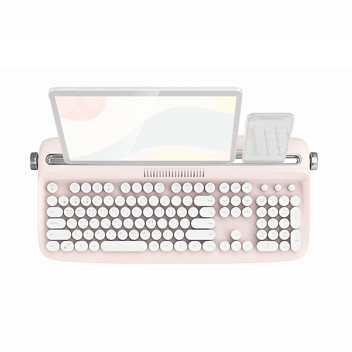 TISHLED Typewriter Keyboard Wireless Bluetooth 5.0 Retro Aesthetic Cute Kawaii Round Keycaps 106-Key with Num Pad Clicky Mechanical Feeling with Pad/Phone Holder for Windows/Mac OS/Android/iOS (Pink)