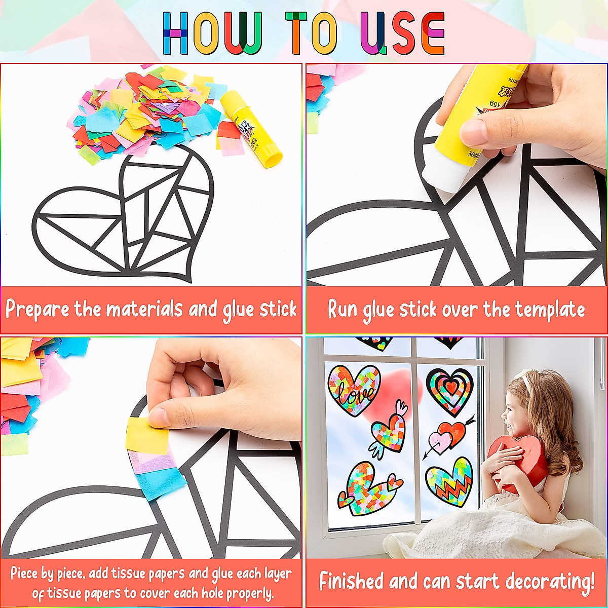Haooryx Valentine’s Paper Craft Kits - 12-Piece Valentine’s Day Kids' Heart-Shaped Paper Suncatcher Kit DIY Craft Kids Stained Glass Effect Decorations Classroom Handcraft Art Supplies Party Favors