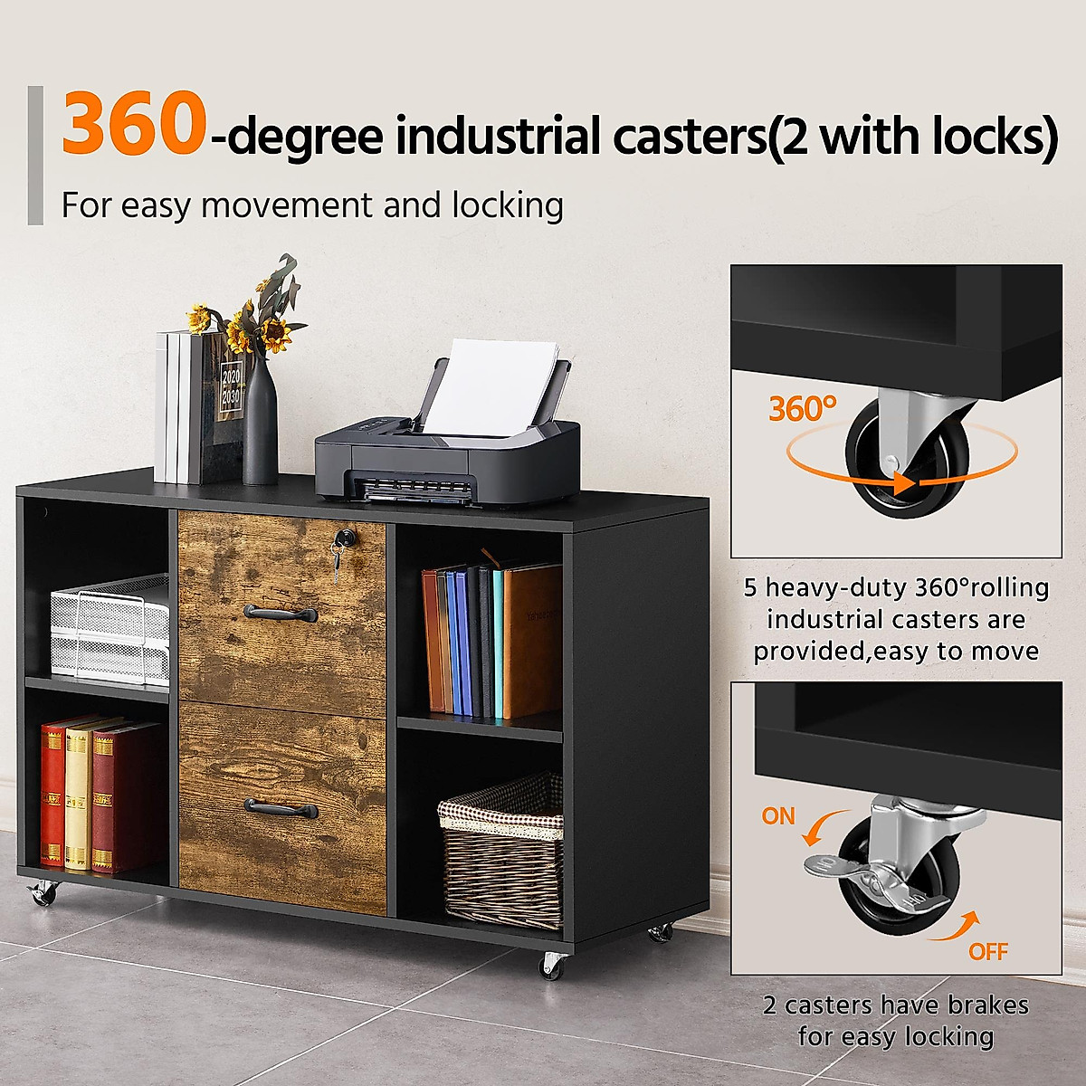 Yaheetech Mobile File Cabinet with 2 Drawer and 4 Open Compartments, Storage Lateral Filing Cabinet for Letter Size A4 Size, Printer Stand for Home Office, Black& Rustic Brown