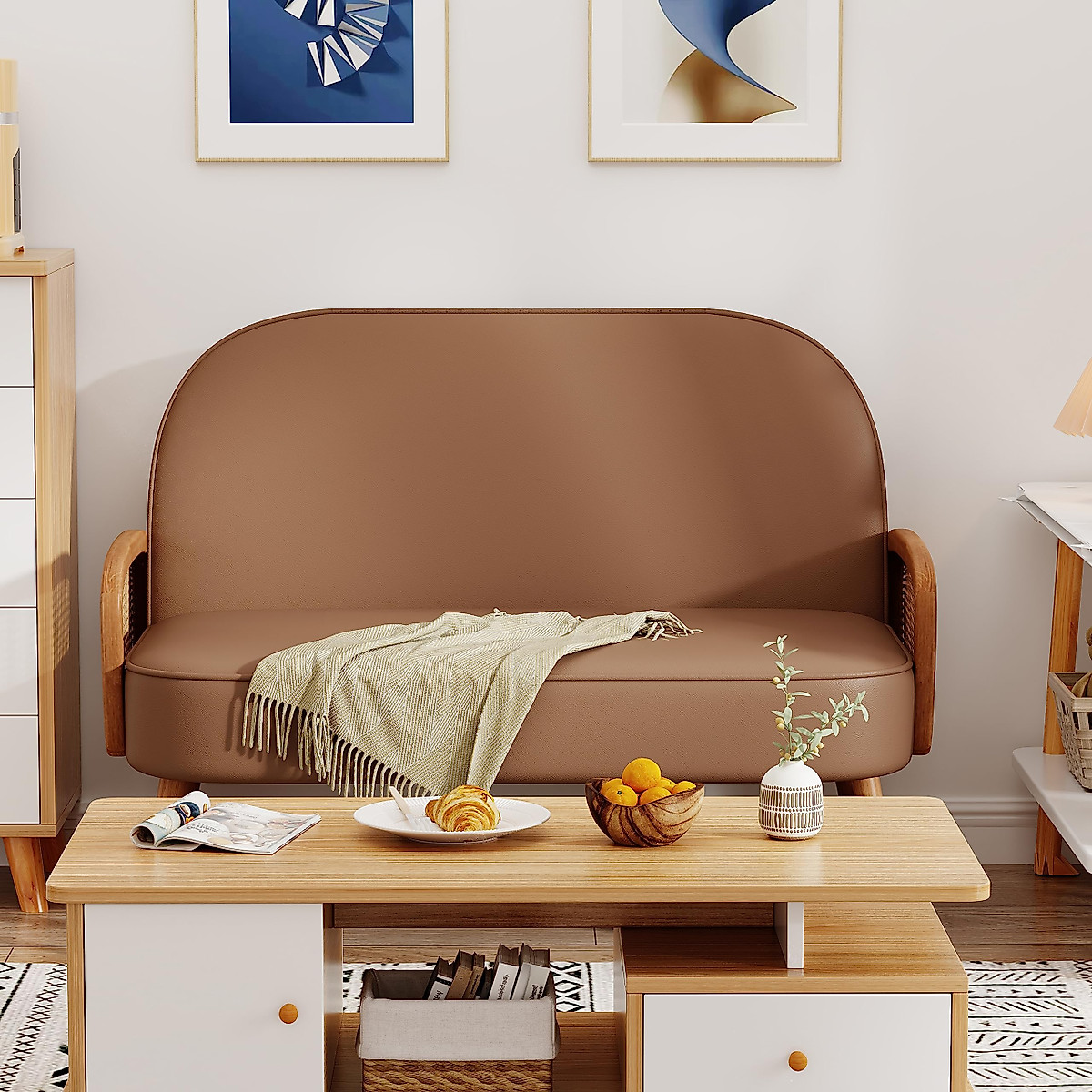 WENTMENT Loveseat Sofa Small Couch for Living Room, Faux Leather Mini Couch Love Seat with Natural Rattan Armrest and Solid Wooden Legs Small Sofa for Small Space, Bedroom, Apartment（Brown）