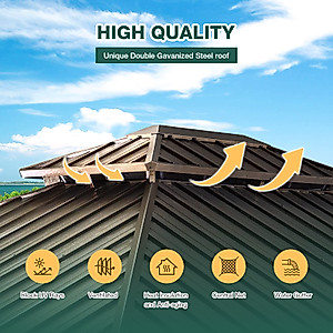 YOLENY 10'x12' Hardtop Gazebo, Wooden Finish Coated Aluminum Frame Canopy with Galvanized Steel Roof, Outdoor Metal Gazebos with Curtains and Nettings for Patio, Backyard, Deck and Lawns