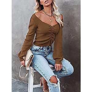 PRETTYGARDEN Fall Long Sleeve Cropped Sweaters for Women 2023 Off The Shoulder V Neck Ruched Ribbed Knit Going Out Tops (Coffee, Medium)