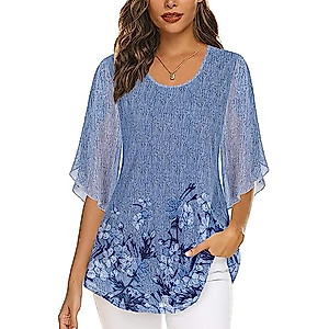 Ninedaily Business Casual Blouses for Women,Office Professional Outfits Tops Young Women Summer 3/4 Sleeve Tunic Layering Two Piece Sets Wear With Dressy Pants Work Clothing Fall Shirts Blue Size L