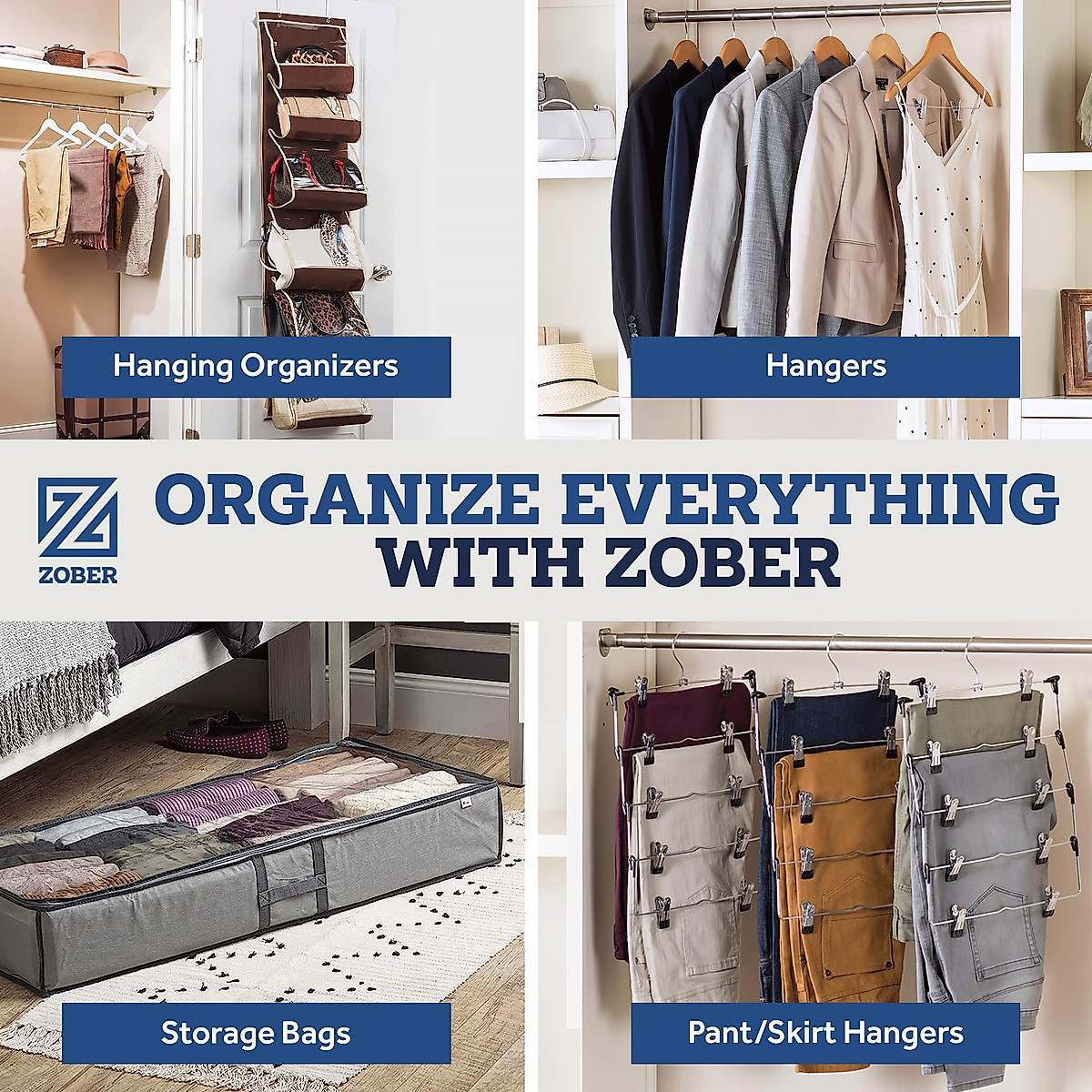 ZOBER Purse Organizer For Closet - Over The Door Purse Organizer W/ 6 Pockets for Easy Purse Storage - Durable Metal Hooks - Purse Rack W/Clear Pockets - Black (2 Pack)