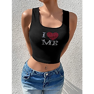 SOLY HUX Women's Rhinestone Heart Letter Print Y2K Crop Tank Top Scoop Neck Sleeveless T Shirts Solid Black XS
