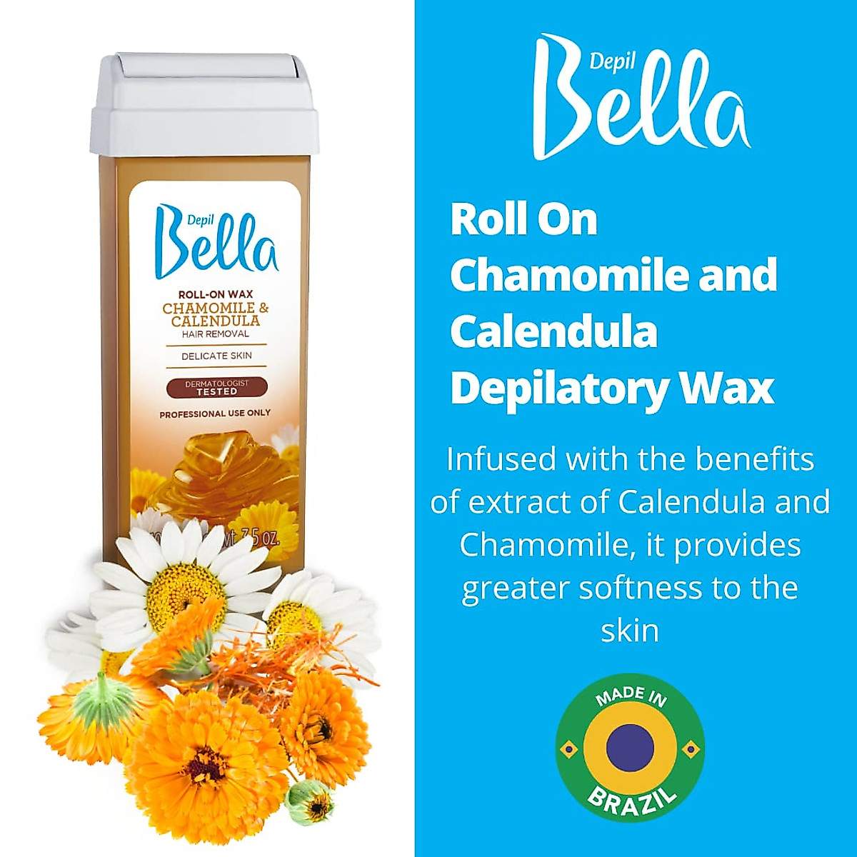 Depil Bella Brazilian Roll On Wax Chamomile and Calendula Depilatory | Body Waxing, Hair Removal Wax-Cartridge | Men and Women | Home Self Waxing | Sensitive Skin | Dermatologically Tested (3 PACK)