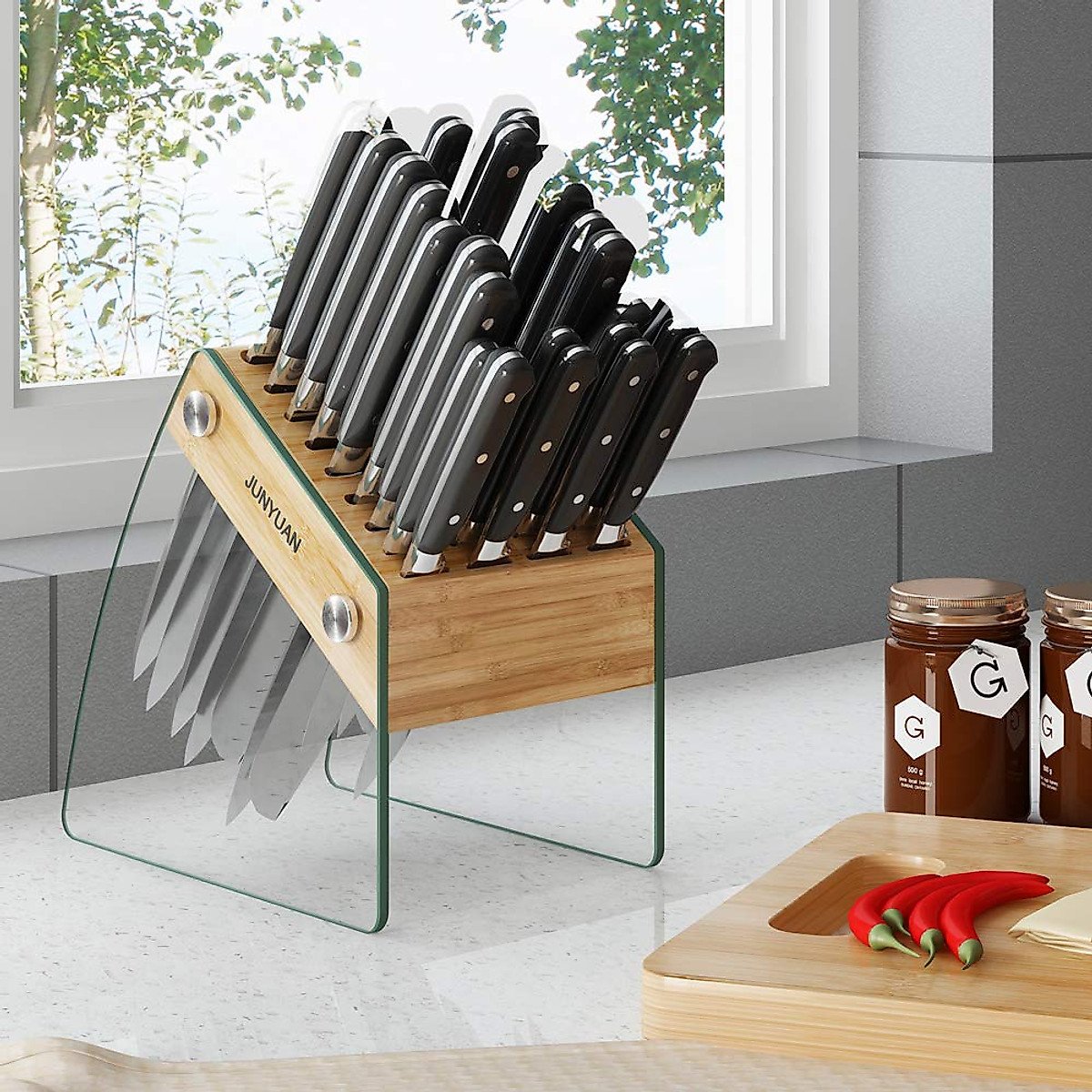 23 Slot Clear Knife Block Without Knives,Kitchen Knife Holder Organizer Stand Durable Bamboo Knife Dock Rack with Transparent Tempered Glass.
