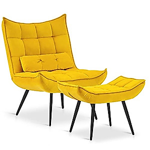 MCombo Accent Chair with Ottoman, Velvet Modern Tufted Wingback Club Chair, Upholstered Leisure Chairs with Metal Legs for Bedroom Living Room 4079 (Yellow)