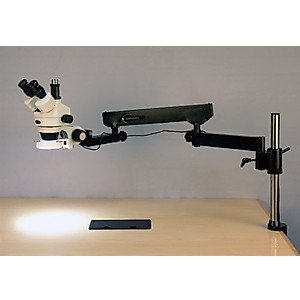 AmScope SM-8TZ-144S Professional Trinocular Stereo Zoom Microscope, WH10x Eyepieces, 3.5X-90X Magnification, 0.7X-4.5X Zoom Objective, 144-Bulb LED Ring Light, Articulating-Arm Boom Stand, 110V-240V, Includes 0.5x and 2.0x Barlow Lenses