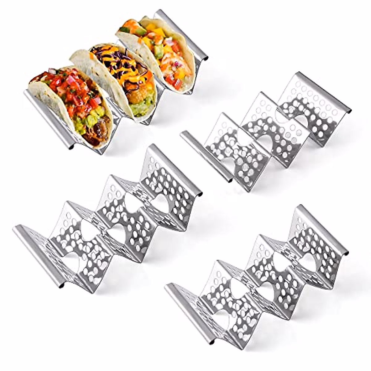 Chbuuero Taco Holders Set of 4, Taco Stand, Stainless Steel Taco Holder, Each Can Hold 3 Tortillas, with Easy-Access Handle, Fits Microwave, Air Fryer and Oven