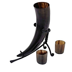 Mythrojan Drinking Horn Authentic Medieval Inspired Viking Wine/Mead Mug 650ml Bundle with Hand Forged Drinking Ale Horn Rack Twisted & Viking Norse Medieval Horn Shot Glass Pair