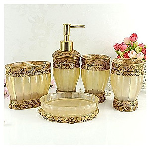 LUANT Vintage Golden Bathroom Accessories, 5Piece Bathroom Accessories Set, Bathroom Set Features, Soap Dispenser, Toothbrush Holder, Tumbler & Soap Dish - Golden Glossy - Bath Gift Set