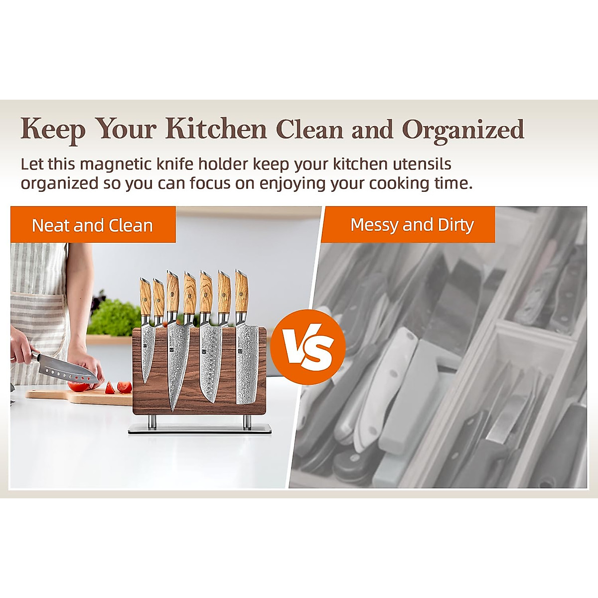 XINZUO Magnetic Knife Block,Natural Walnut Knife Holder Stand for Counter Top,with Strong Magnets,Double Sided Kitchen Knife Storage Rack