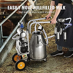 VEVOR Electric Cow Milking Machine, 6.6 Gal / 25 L 304 Stainless Steel Bucket, Automatic Pulsation Vacuum Milker, Portable Milker with Food-Grade Silicone Cups and Tubes, Adjustable Pressure