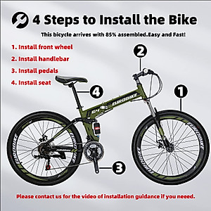 EUROBIKE YH-G4 Folding Mountain Bike for Adults 26 Inch Wheels 21 Speed Full Suspension Dual Disc Brakes Foldable Frame Bicycle (Blue)