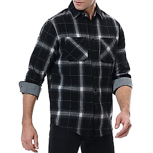 Ezmine Men’s Flannel Shirts Long Sleeve Casual Button Down Flannel Plaid Shirts for Men Camp Hiking Black