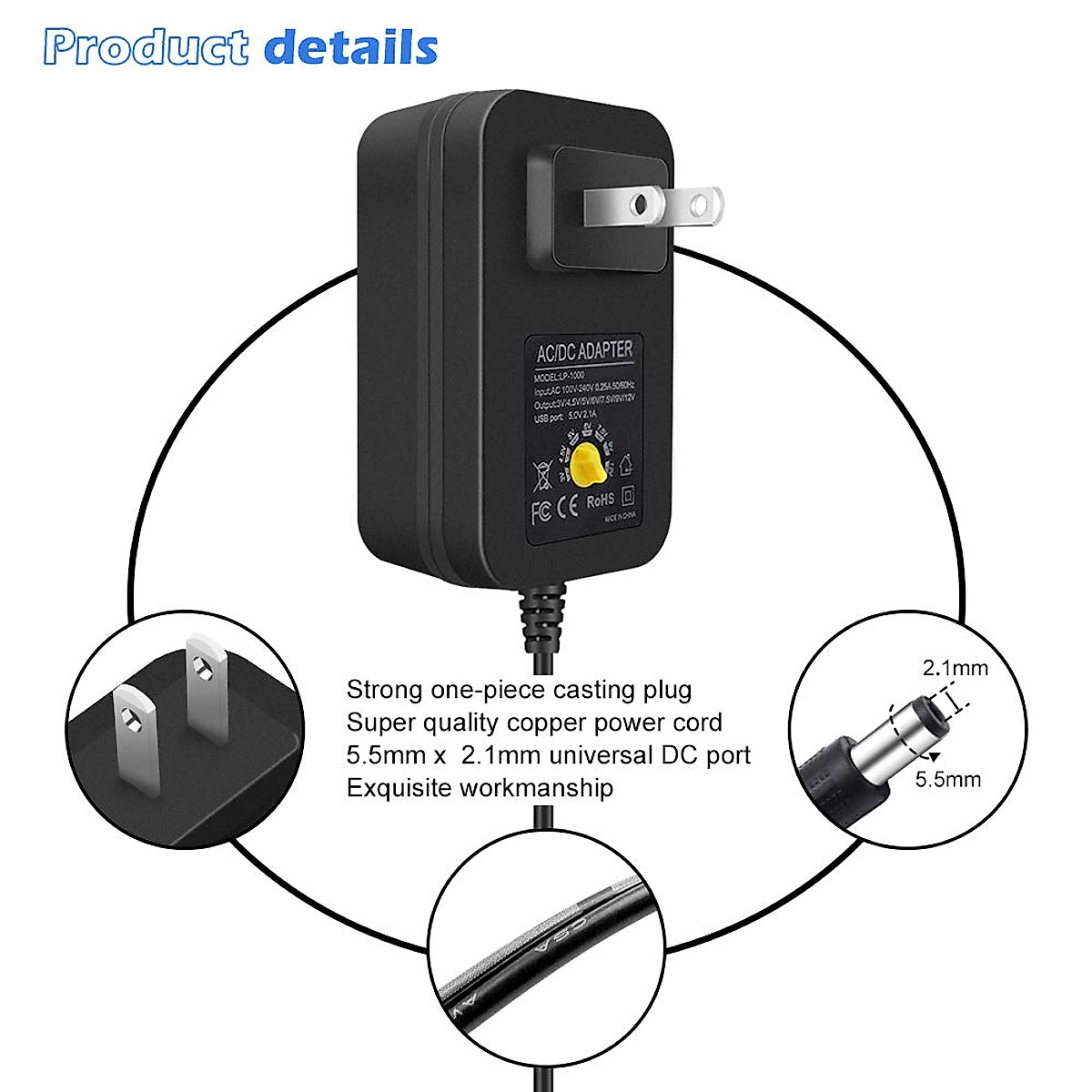 30W Universal AC/DC Adapter Switching Power Supply with 8 Selectable Adapter Plugs, for 3V 4.5V 5V 6V 7.5V 9V 12V Household Electronics and LED Strip - 2000mA Max