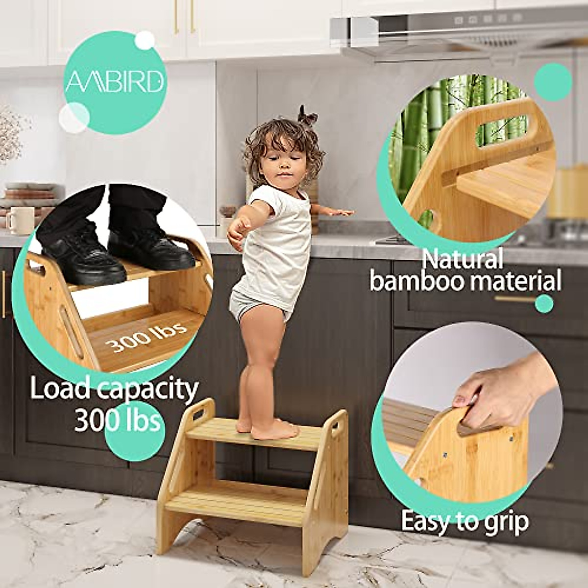 AMBIRD Wooden Step Stool, Two Step Stools Toddler 300 lbs Capacity with Safety Non-Slip Pads and Handles, Bamboo Step Stool for Bathroom, Kitchen Step Stools Dual Height Step Stools for Kids (Natural)