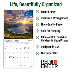 RED EMBER Untamed & Beautiful Hawaii 2024 Hangable Monthly Wall Calendar | 12" x 24" Open | Thick & Sturdy Paper | Giftable | Beach Scenic Nature Travel | Your Daily Hawaiian Getaway