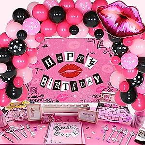 Sursurprise Burn Book Party Decorations Balloon Garland Kit with Backdrop, Lip Foil Balloon for Girls and Women Y2K Early 2000s Birthday Decor