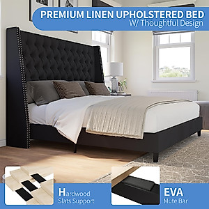AMERLIFE King Size Nail Button Tufted Wingback Bed Frame, Linen Upholstered Platform Bed with 56" High Wingback Headboard, No Box Spring Needed, Black