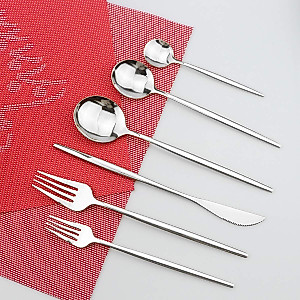 Gugrida 36-Piece Silverware Set – 304 Stainless Steel Silver Utensil Forks Spoons Knives Set, Mirror Polished Cutlery Flatware Set Tableware Sets for 6- Curved Design Dishwasher Safe (Silver)