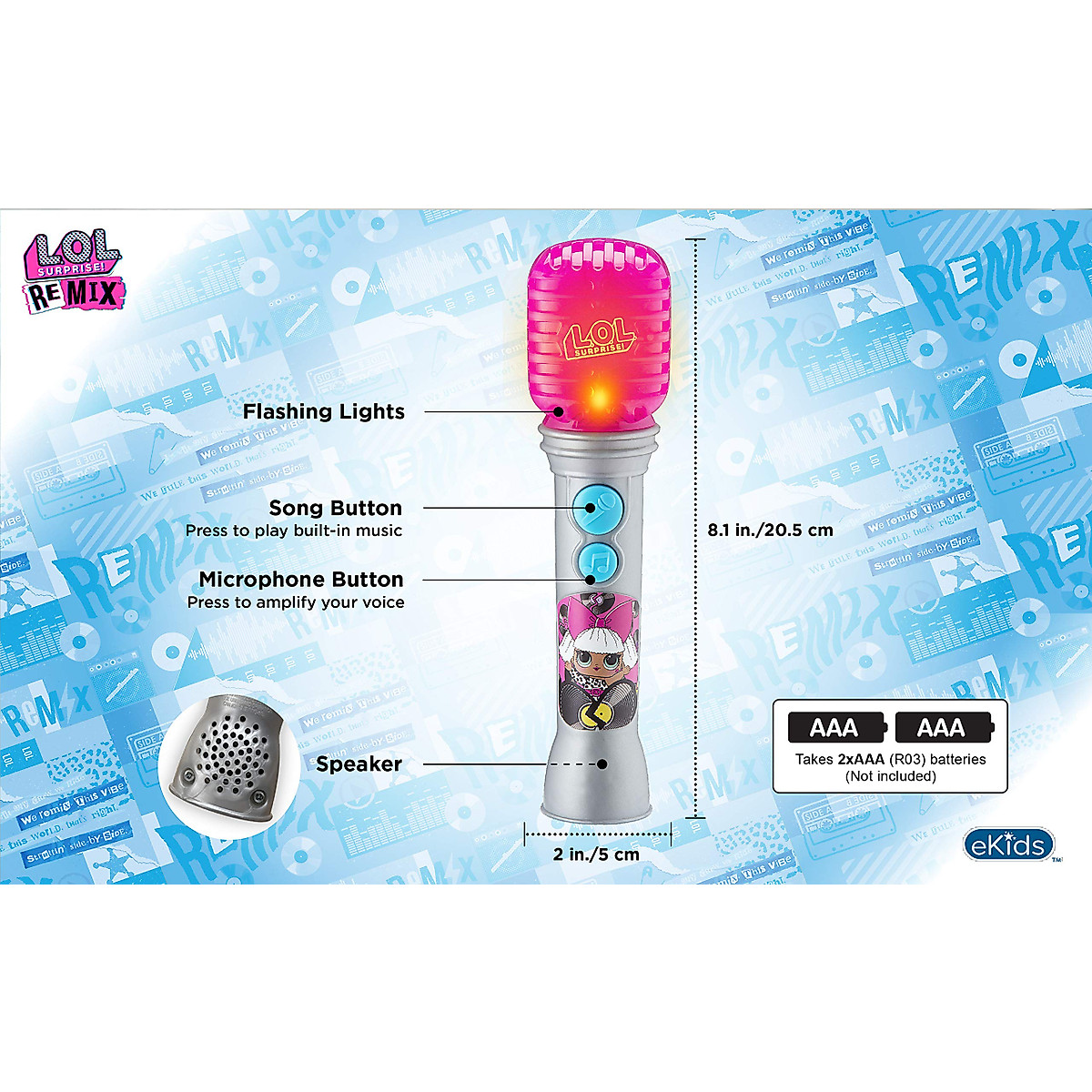 eKids LOL Surprise OMG Remix Toy Microphone for Kids with Built in Music and Flashing Lights, Musical Toy Designed for Fans of LOL Surprise Toys for Girls Pink Small