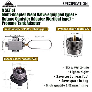 CAMPINGMOON Outdoor Camping Butane Gas Refill Adapter (Butane Gas to EN417 Lindal Valve Canister to 1lb Propane Tank (Z11/Z15/Z22))