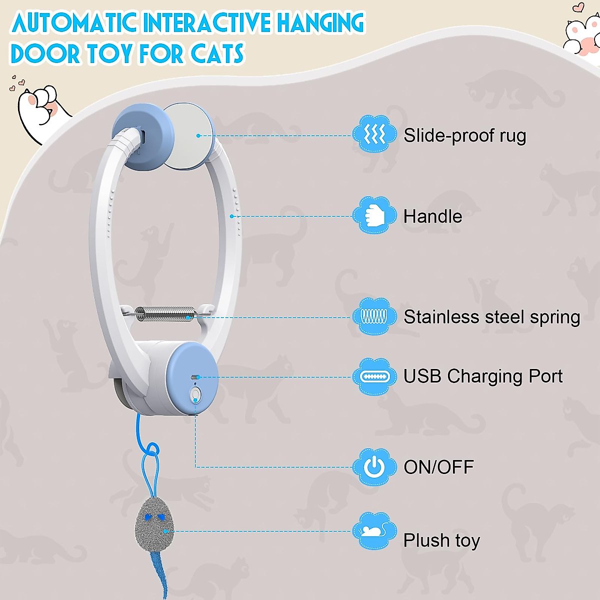 Kezlume Cat Toy Interactive for Indoor Cats, Smart USB Rechargeable Door Hanging Automatic Retractable Kitten Toys, Teaser Electronic Self Play Feather Cat String Toy Attached with 3 Catnip Mice White