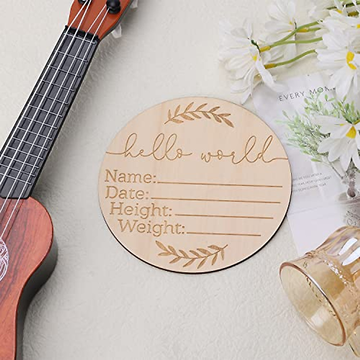 AIEX Wooden Baby Announcement Sign, 5.9 Inch Round New Baby Sign Birth Announcement Sign, Baby Name Sign Hello World Newborn Welcome Sign for Hospital Photo Prop Baby Shower Nursery Gift