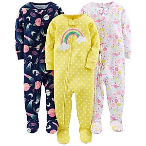Simple Joys by Carter's Girls' 3-Pack Snug Fit Footed Cotton Pajamas, Navy Space/White Dinosaur/Yellow Dots, 12 Months