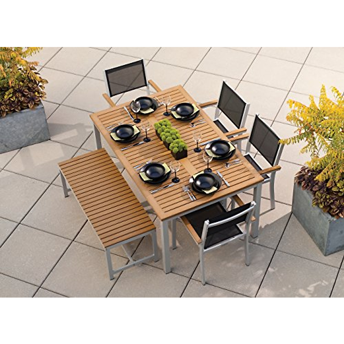 Oxford Garden 6 Piece Travira Powder Coated Aluminum with Natural Tekwood & Black Sling Seats Dining Set