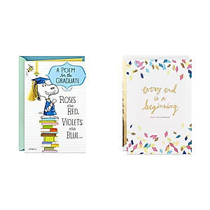 Hallmark Peanuts Graduation Card with Sound (Snoopy, Cap and Gown) & Signature Graduation Card (Every End Is a Beginning Ralph Waldo Emerson Quote)